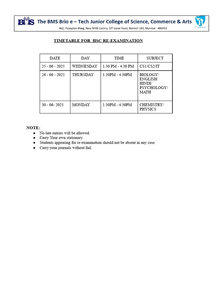 Re-Exam Time Table | PDF