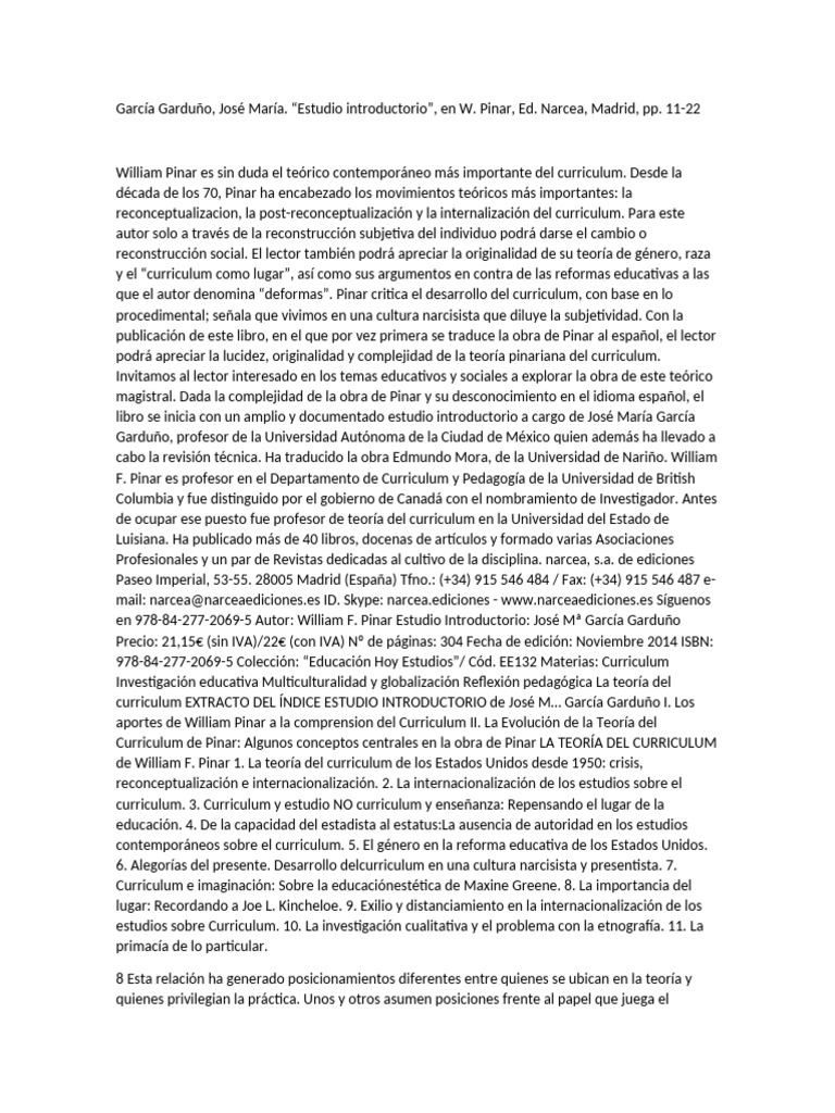 Teoría del Curriculum de William Pinar | PDF | Plan de estudios ...