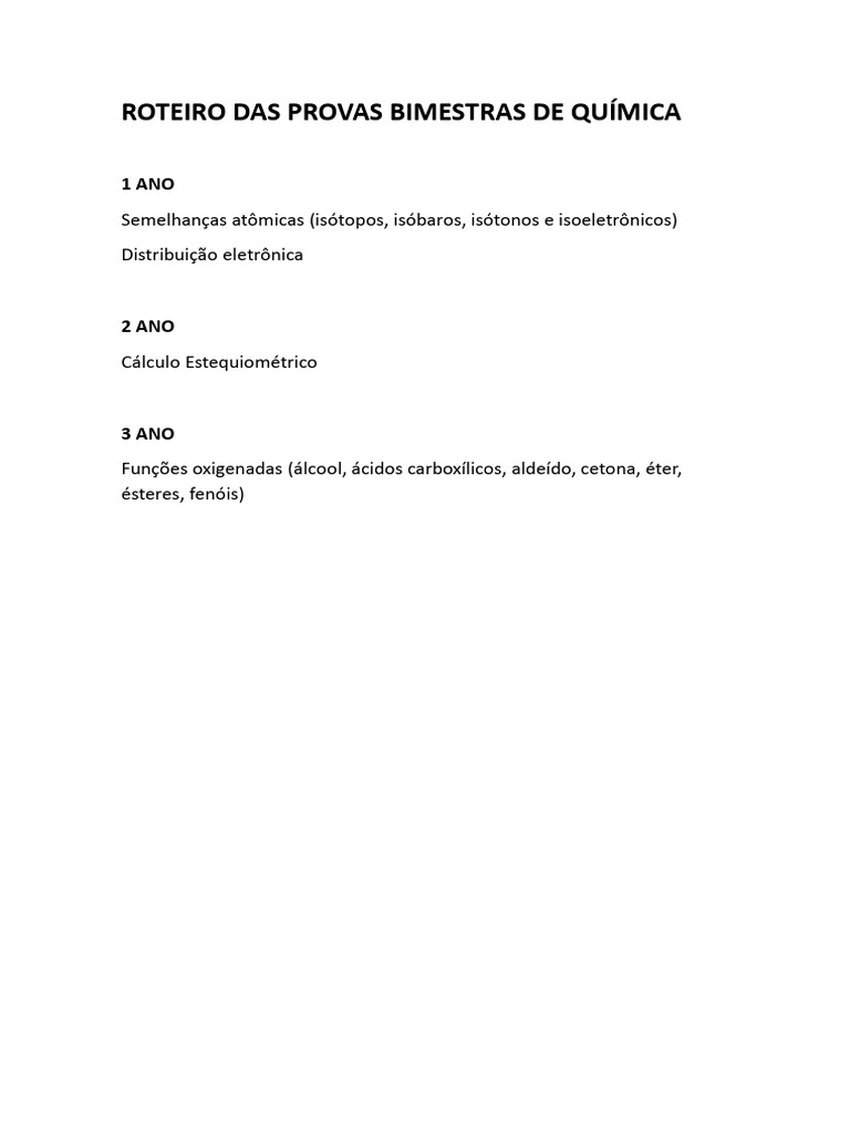 Roteiro Das Provas Bimestras de Química | PDF