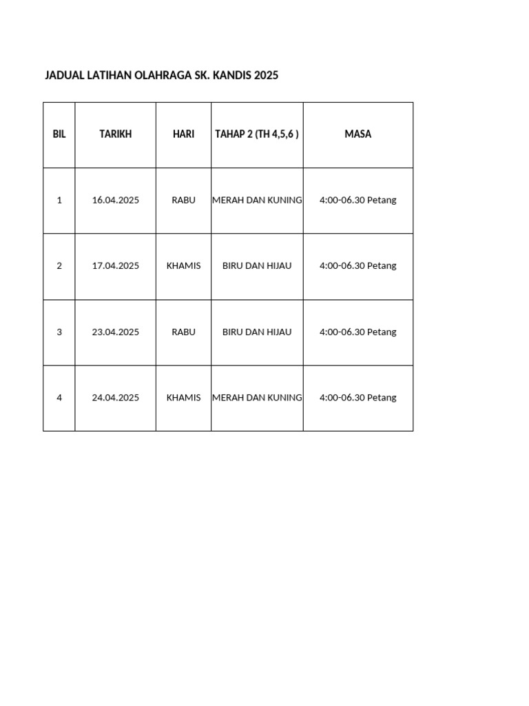 Jadual Latihan Olahraga 2025 | PDF