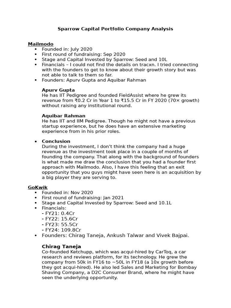 Sparrow Capital Analysis | PDF | Startup Company | Small Business ...