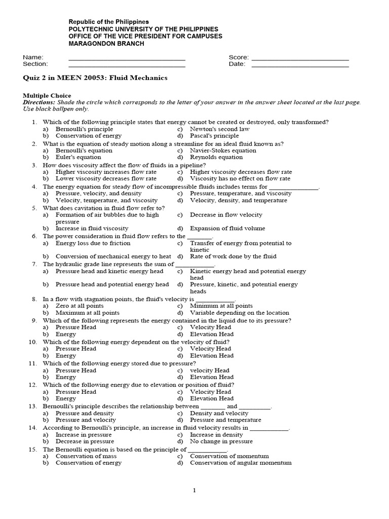 Quiz 2 Fluid Mechanics | PDF | Fluid Dynamics | Pressure