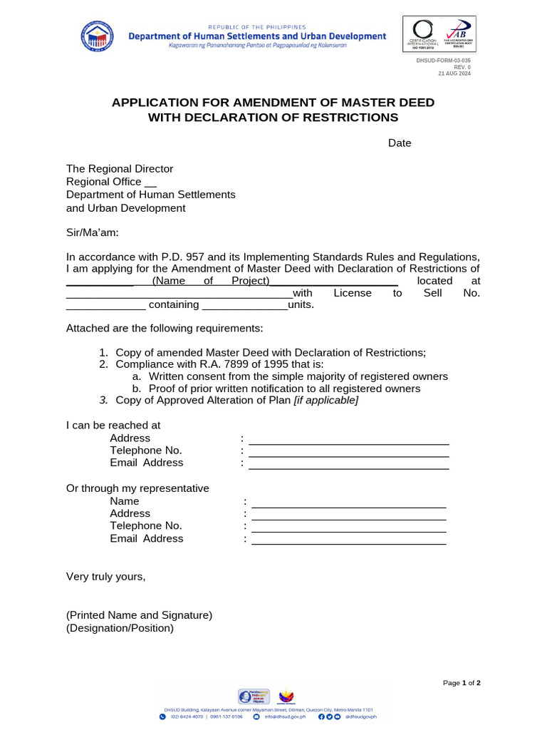 035 Application For Amendment of Master Deed With Declaration of Restrictions - Rev0 | PDF