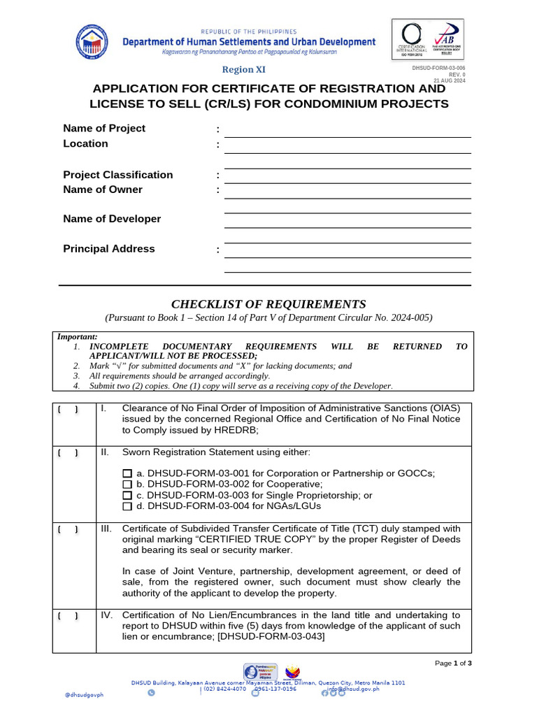 006 Application Form For CRLS For Condominium Projects - Rev0 | PDF ...