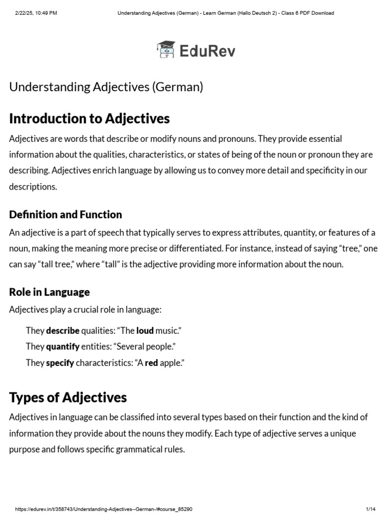 German Adjectives for Class 6 | PDF | Grammatical Gender | Adjective