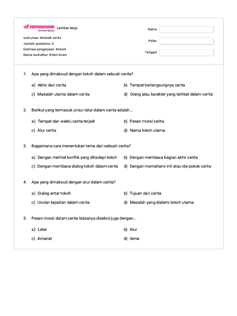 Soal Unsur Intrinsik Cerita Kelas 5-6 | PDF
