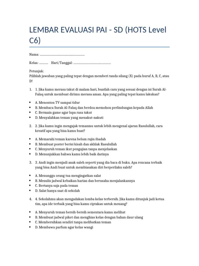 Evaluasi PAI SD: Soal HOTS C6 | PDF