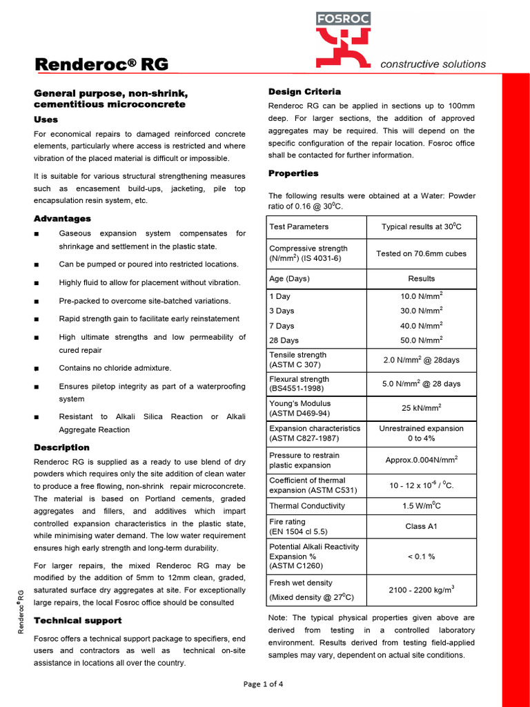 Renderoc RG Technical Data Sheet | PDF | Concrete | Building Engineering