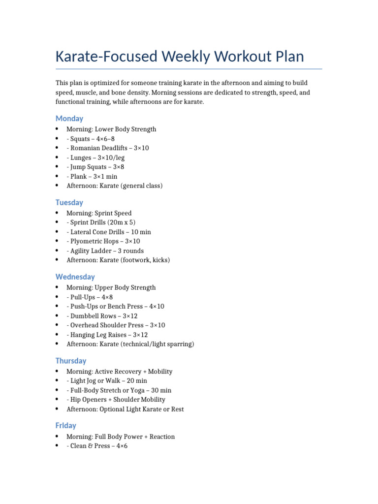 Karate Focused Weekly Workout Plan | PDF