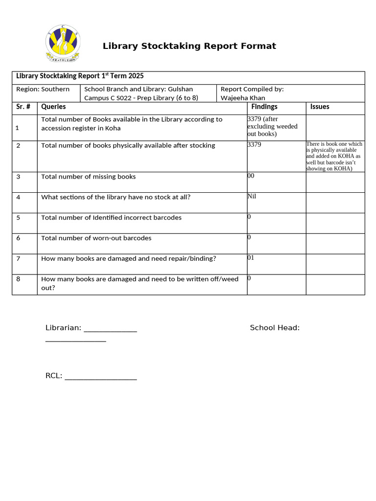 Library Stocktaking Report Format | PDF