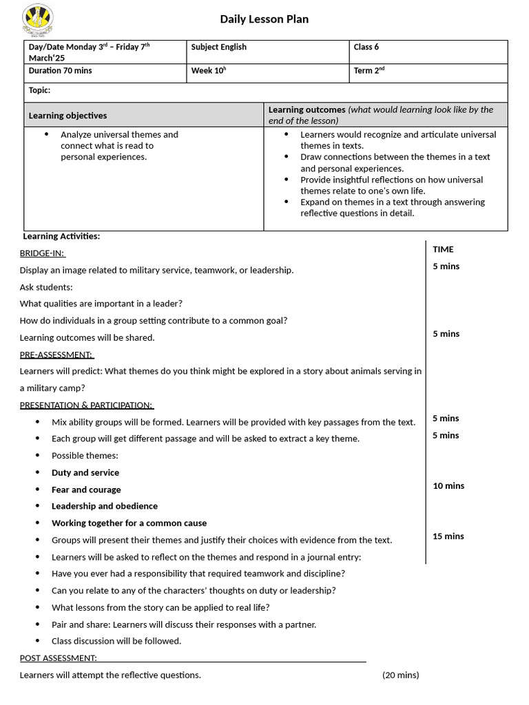 Lesson Plan Week 10 Grade 6 (2025-2026) | PDF | Reading Comprehension | Learning