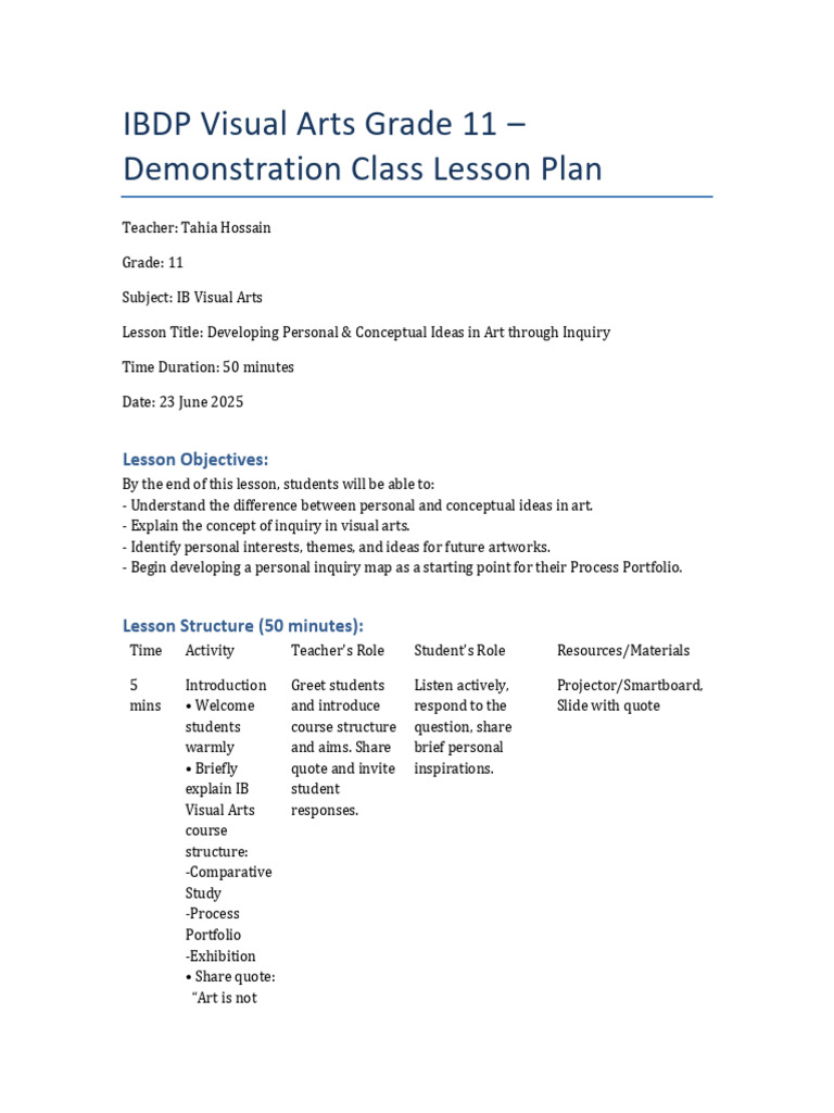 IB Visual Arts Demonstration Class Lesson Plan | PDF | Cognition | Learning