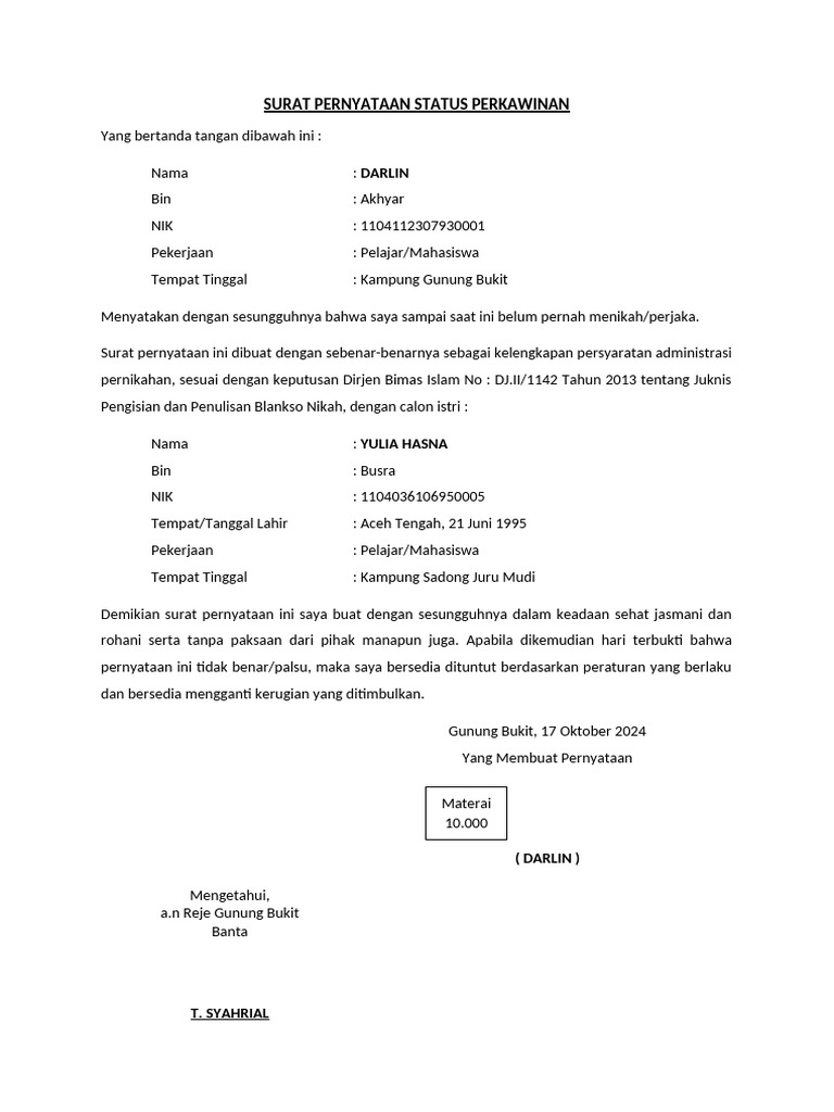 Surat Pernyataan Status Perkawinan | PDF