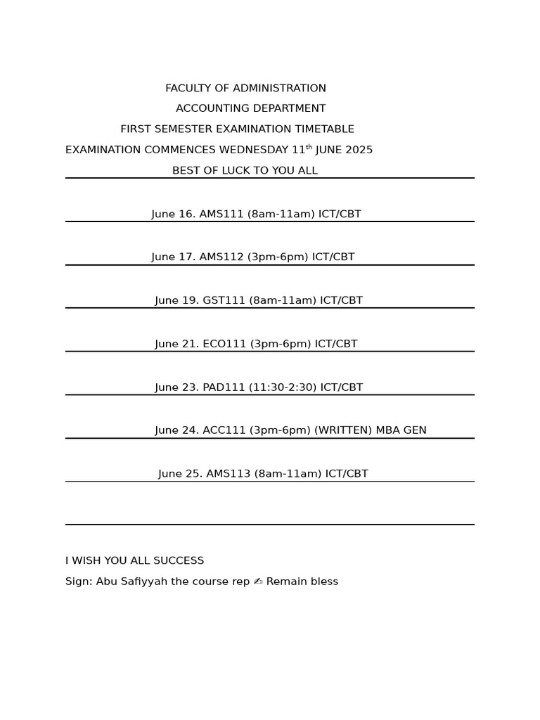 First Semester Examination Timetable 2025 | PDF