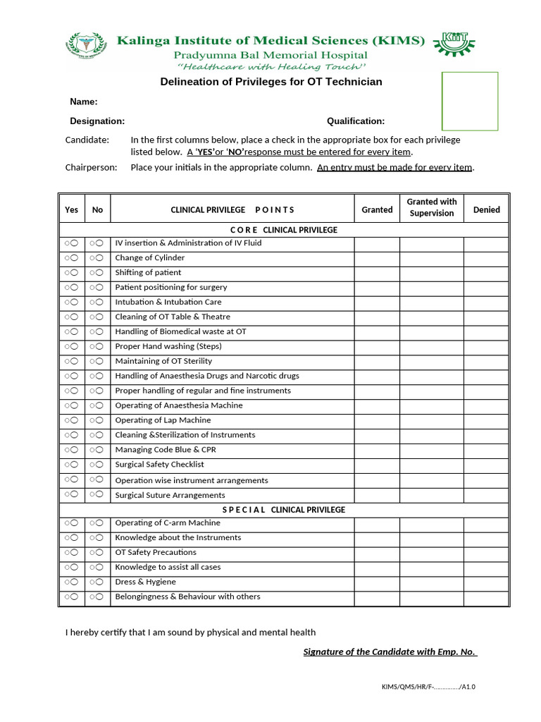 Credential & Previlage Form For OT Technician | PDF | Anesthesia ...