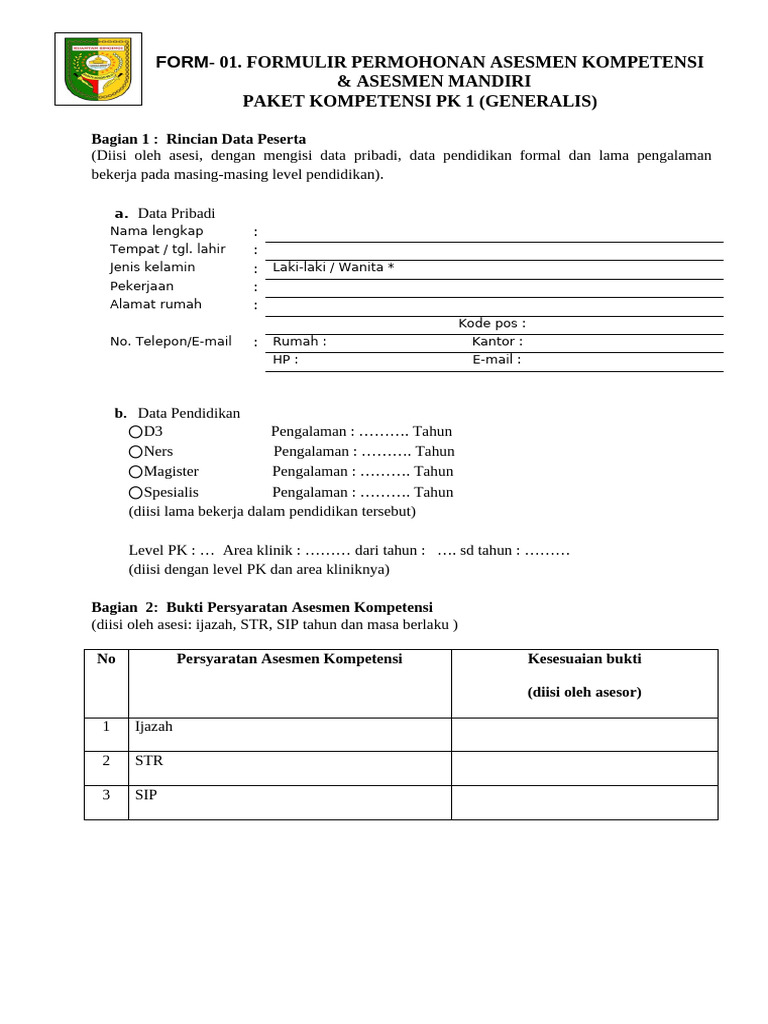 FORM Permohonan Asesmen Dan Asesmen Mandiri | PDF
