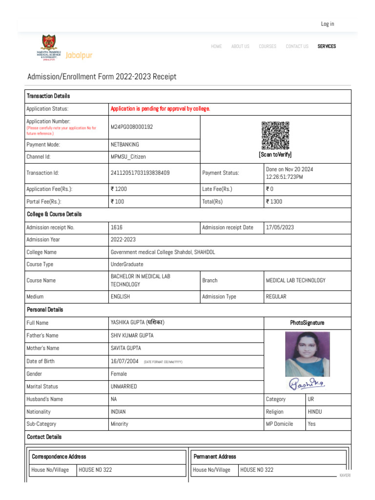 Admission - Enrollment Form Receipt | PDF
