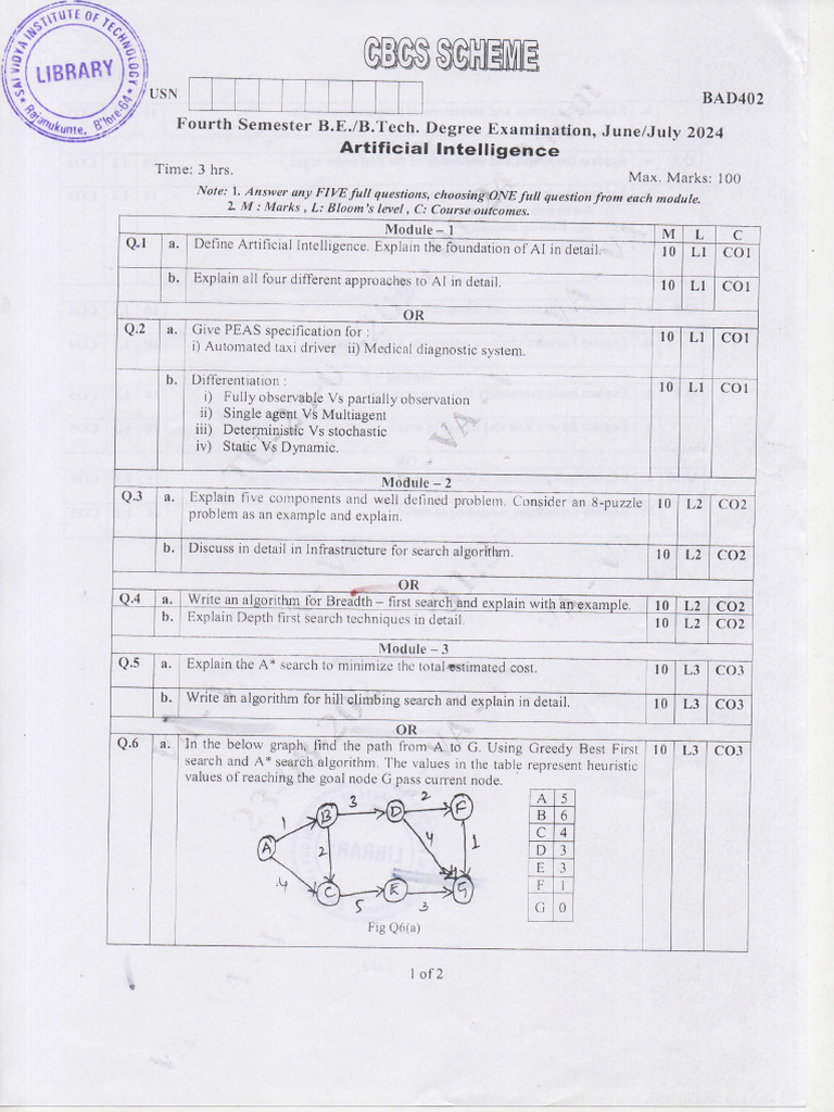 Artificial Intelligence BAD402 June-July 2024 | PDF