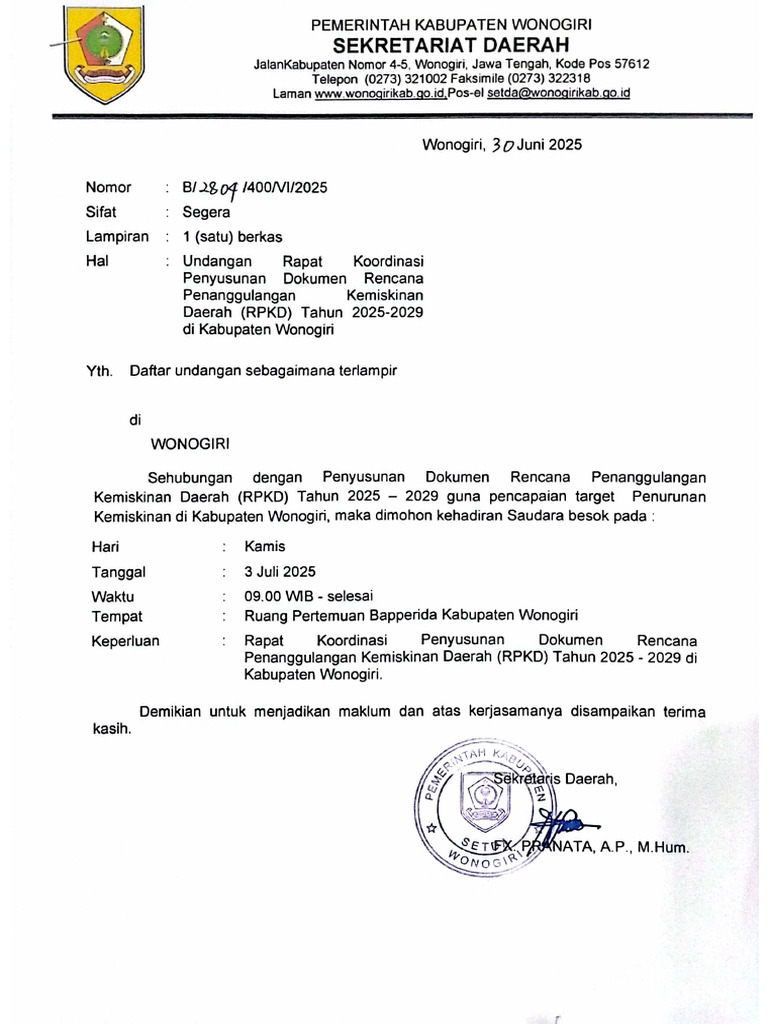 Undangan Rapat Penyusunan RPKD Kamis 3 Juli 2025 | PDF