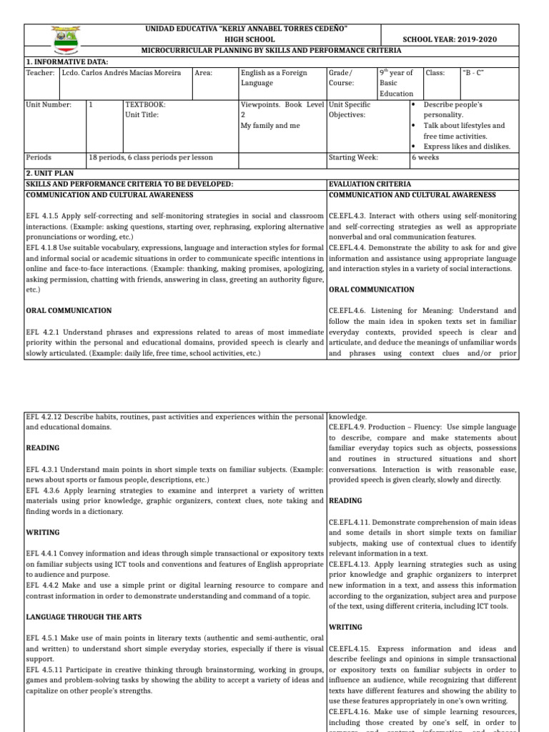 9th Grade EFL Unit Plan: My Family | PDF | Reading Comprehension ...