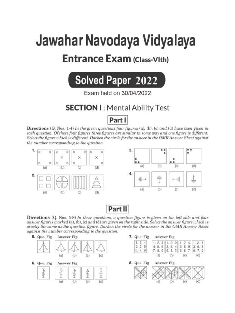 Navodaya Vidyalaya Class 6 Question Paper 2022 | PDF