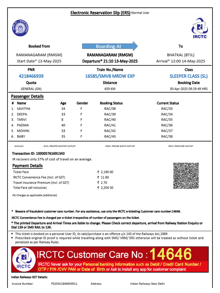 16585/Smvb MRDW Exp Sleeper Class (SL) | PDF | Identity Document | Payments