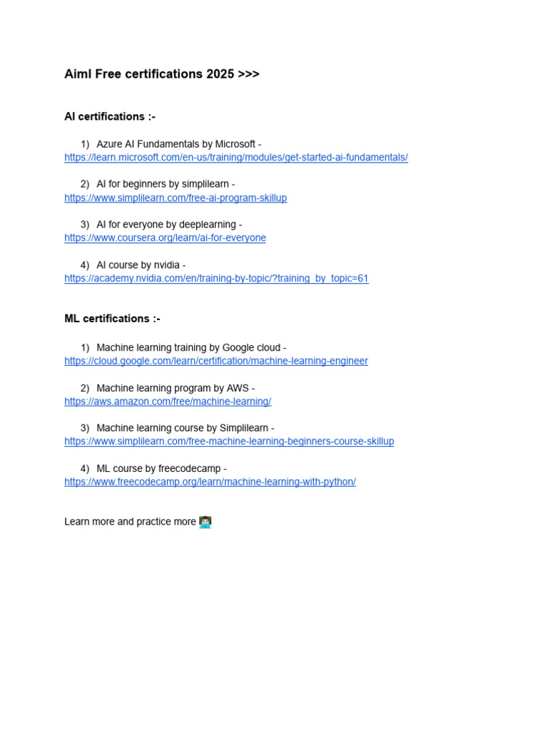 Aiml Free Certifications 2025 | PDF