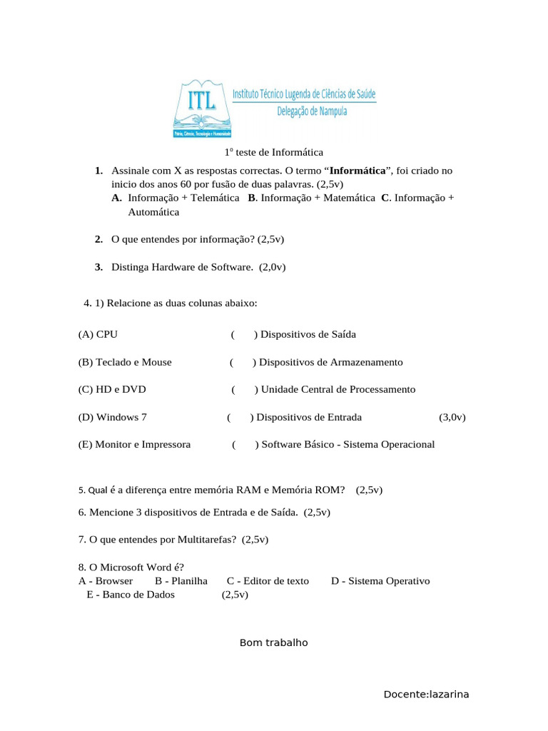 Teste de Informática: Questões e Respostas | PDF | Armazenamento de ...