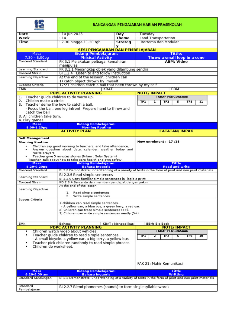 Rancangan Pengajaran Harian Prasekolah Minggu 14 | PDF