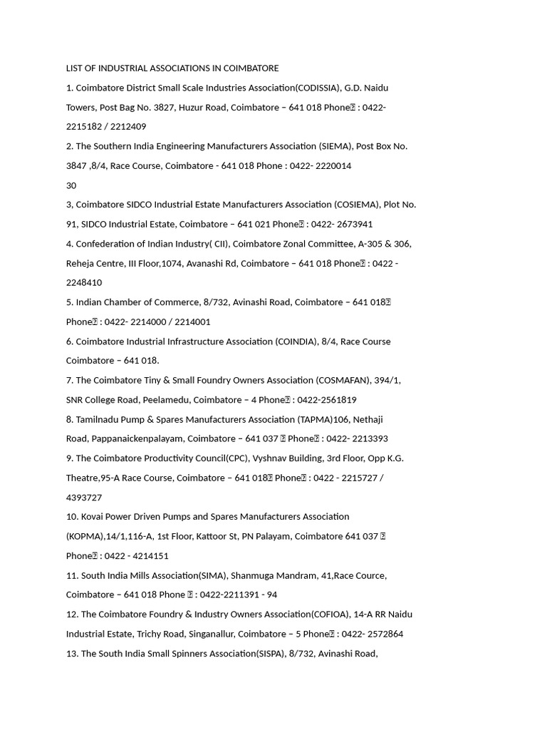 Coimbatore Industrial Associations List | PDF