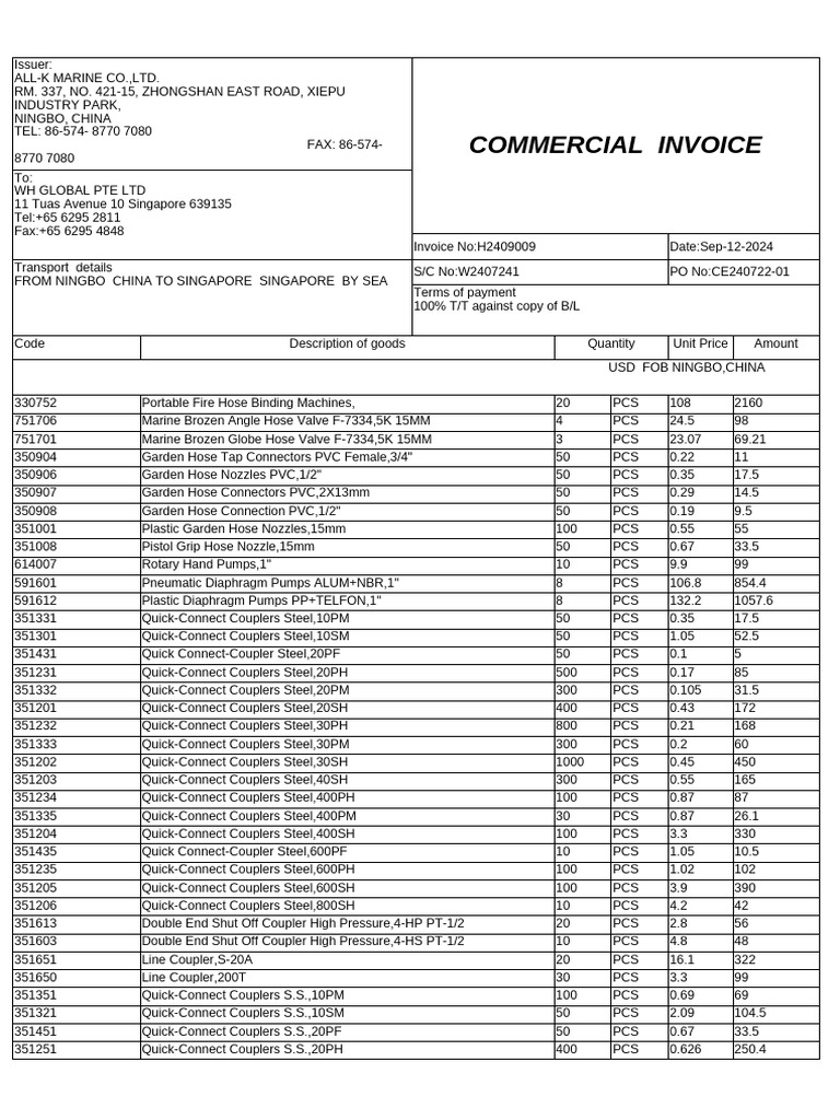 All K Marine Firm Commercial Invoice | PDF