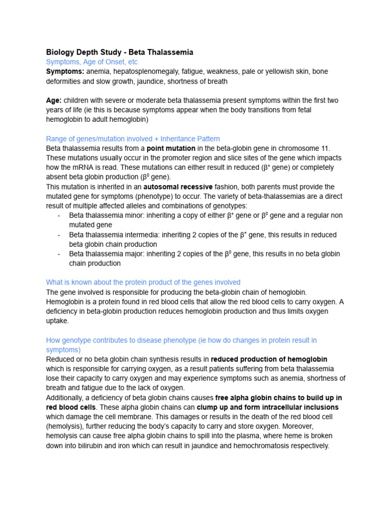 Biology Depth Study - Beta Thalassemia | PDF | Anemia | Hemoglobin