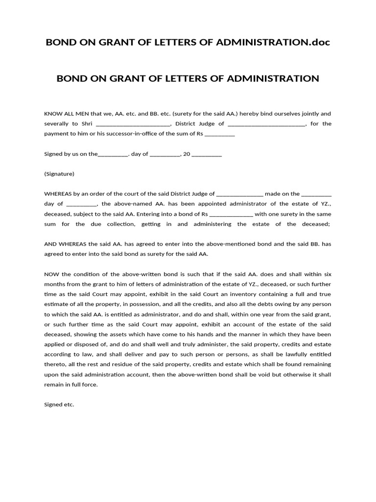 Administration Bond for Estate Grant | PDF