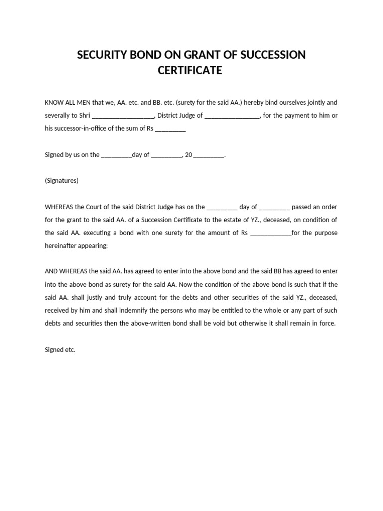 Security Bond On Grant Of Succession Certificate Pdf