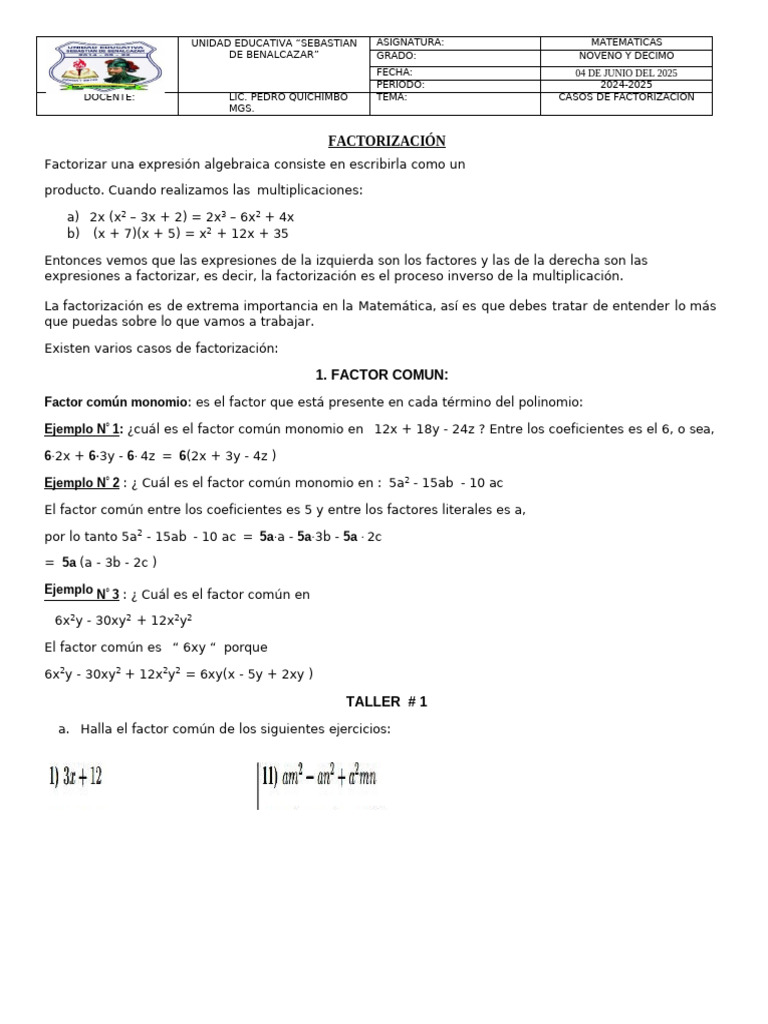 Tarea Tercer Trimestre 9no. y 10mo Pedro 2025 | PDF | Factorización ...