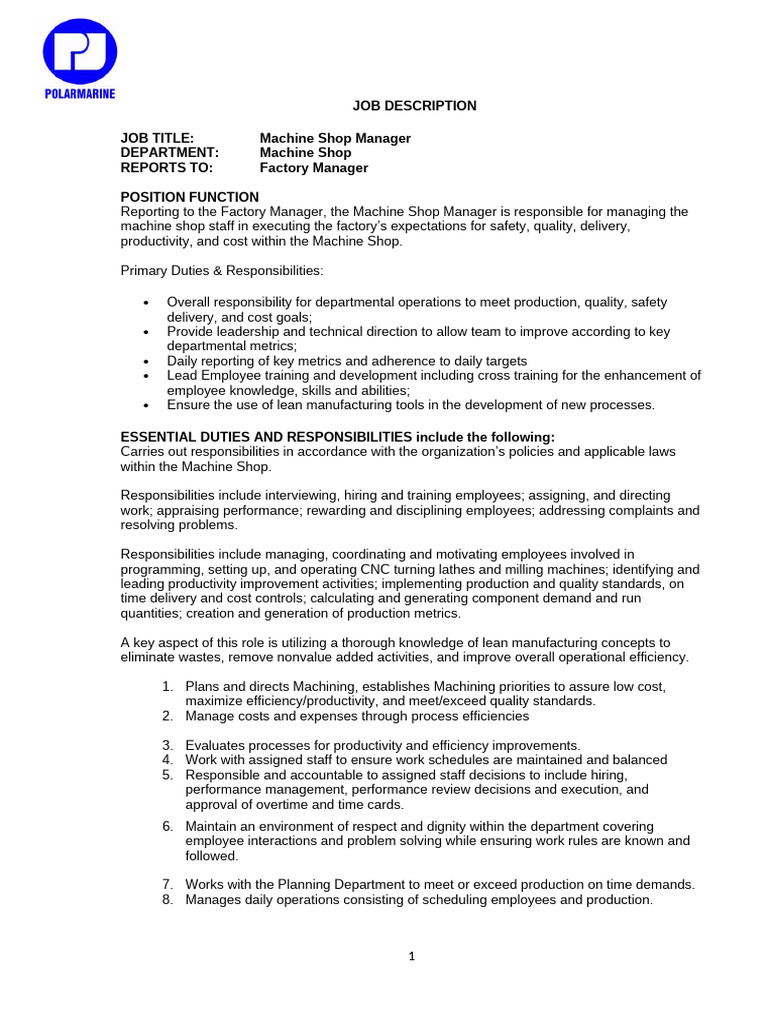 Machine Shop Manager Job Overview | PDF | Lean Manufacturing | Business ...