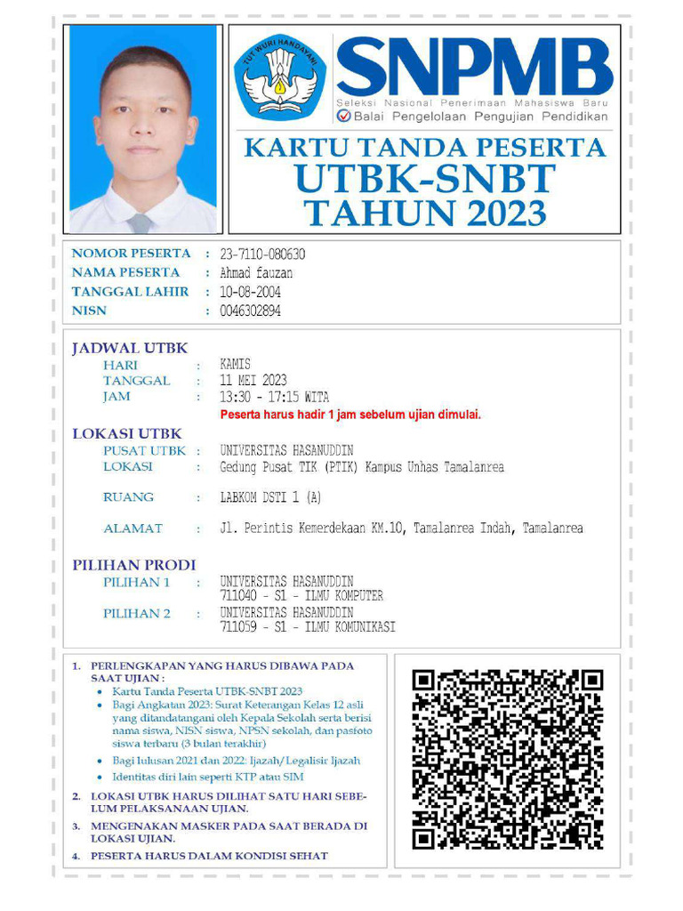Kartu Peserta UTBK-SNBT 2023 - 23-7110-080630 | PDF