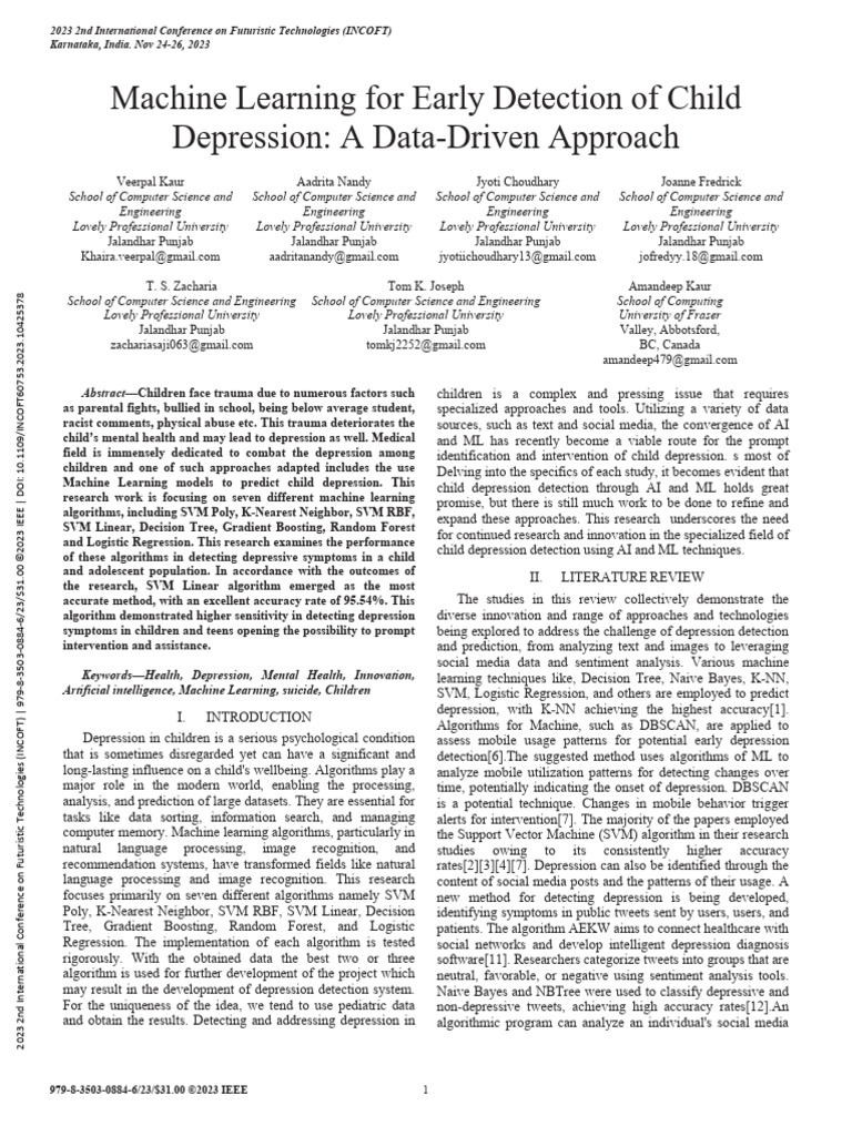 Machine Learning For Early Detection of Child Depression A Data-Driven ...