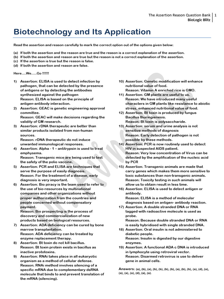 Biotechnology Assertion-Reason Questions | PDF | Gene Silencing | Elisa