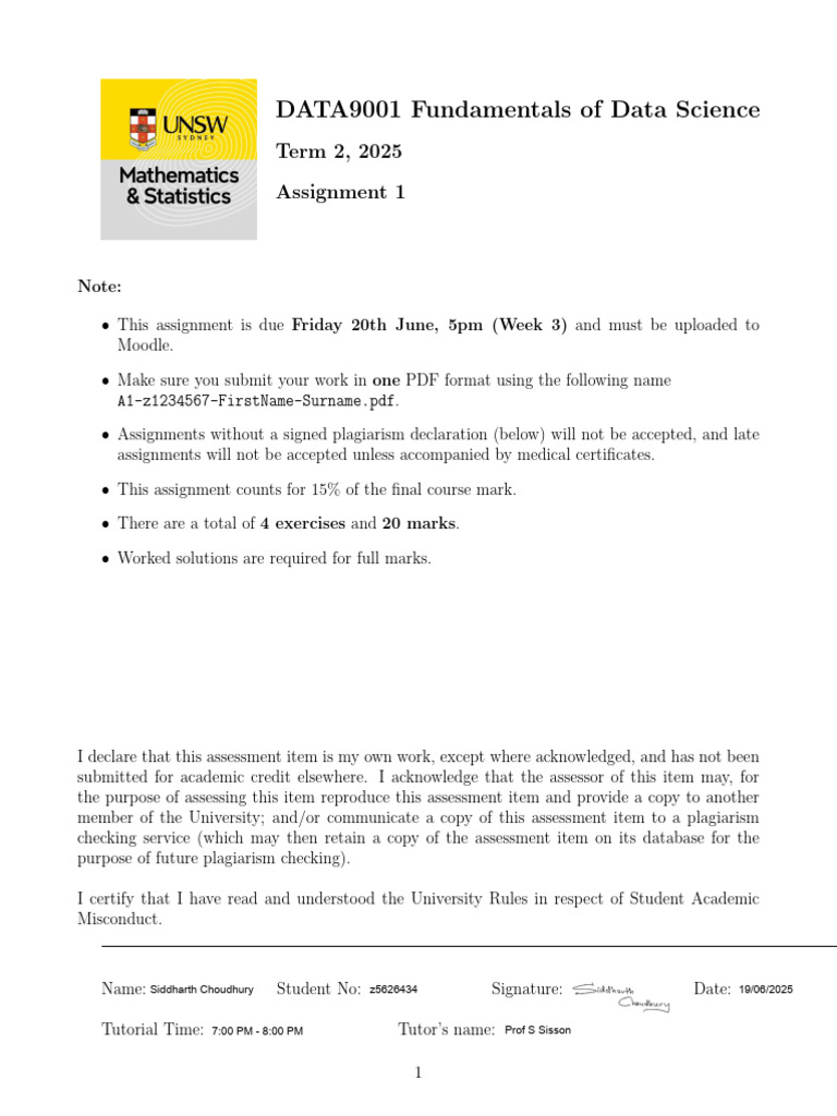 DATA9001 Assignment1 2025 Questions | PDF | Data Set | Statistical Theory
