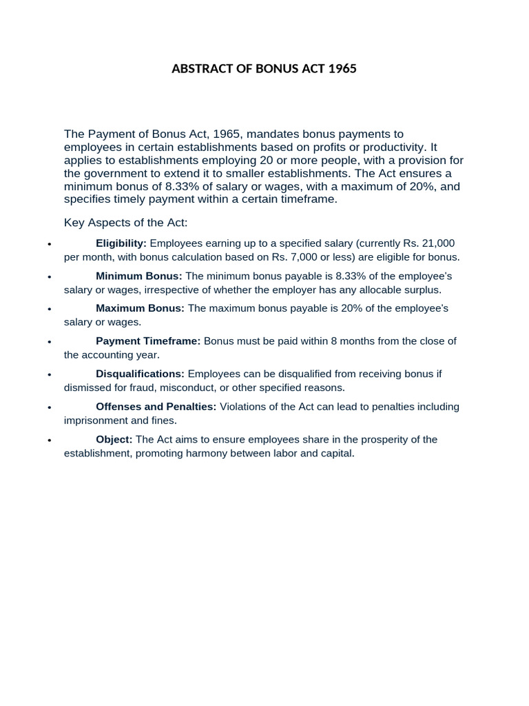 Overview of the Bonus Act 1965 | PDF