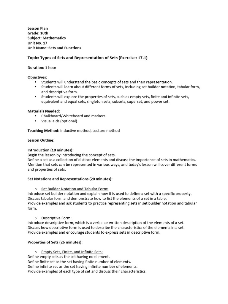 Lesson Plans Class 10 Mathematics | PDF | Set (Mathematics) | Matrix ...