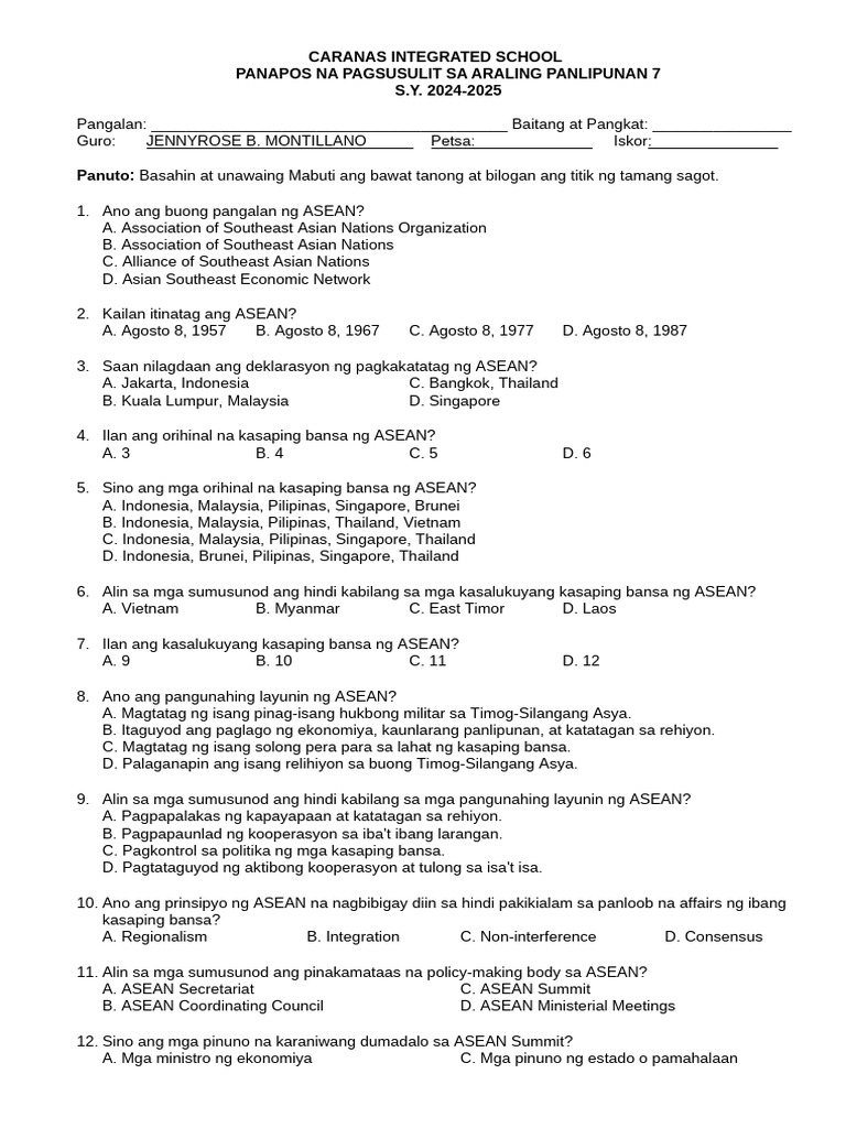 Ap7 4th Quarter Exam 2024-2025 | PDF