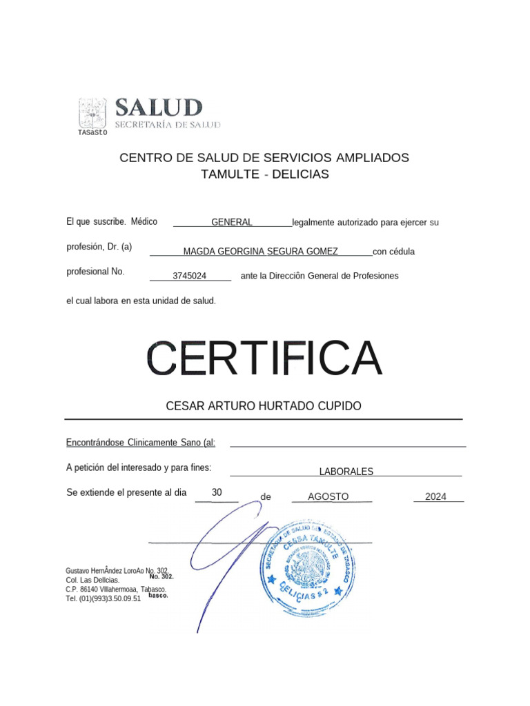 Sertifi Salud Tamulte Word | PDF