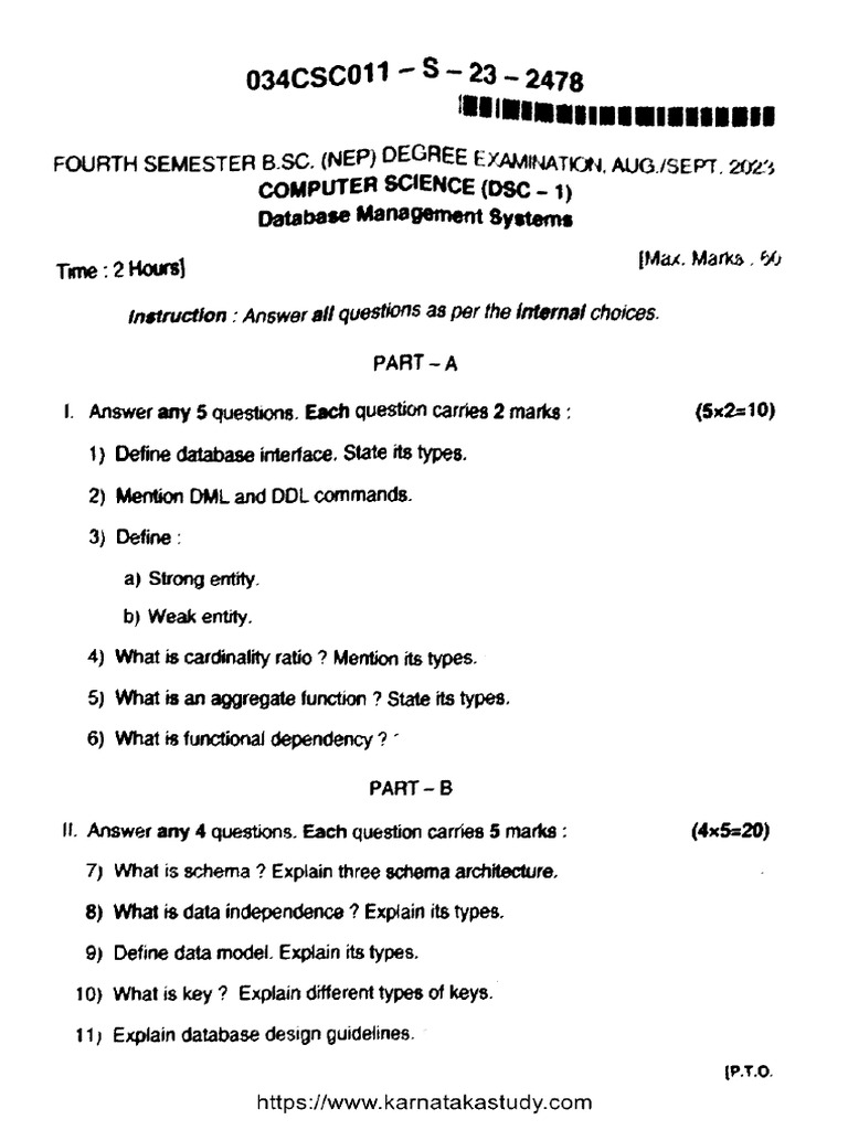 BSC 4 Sem Cs Database Management Systems 2478 Sep 2023 | PDF