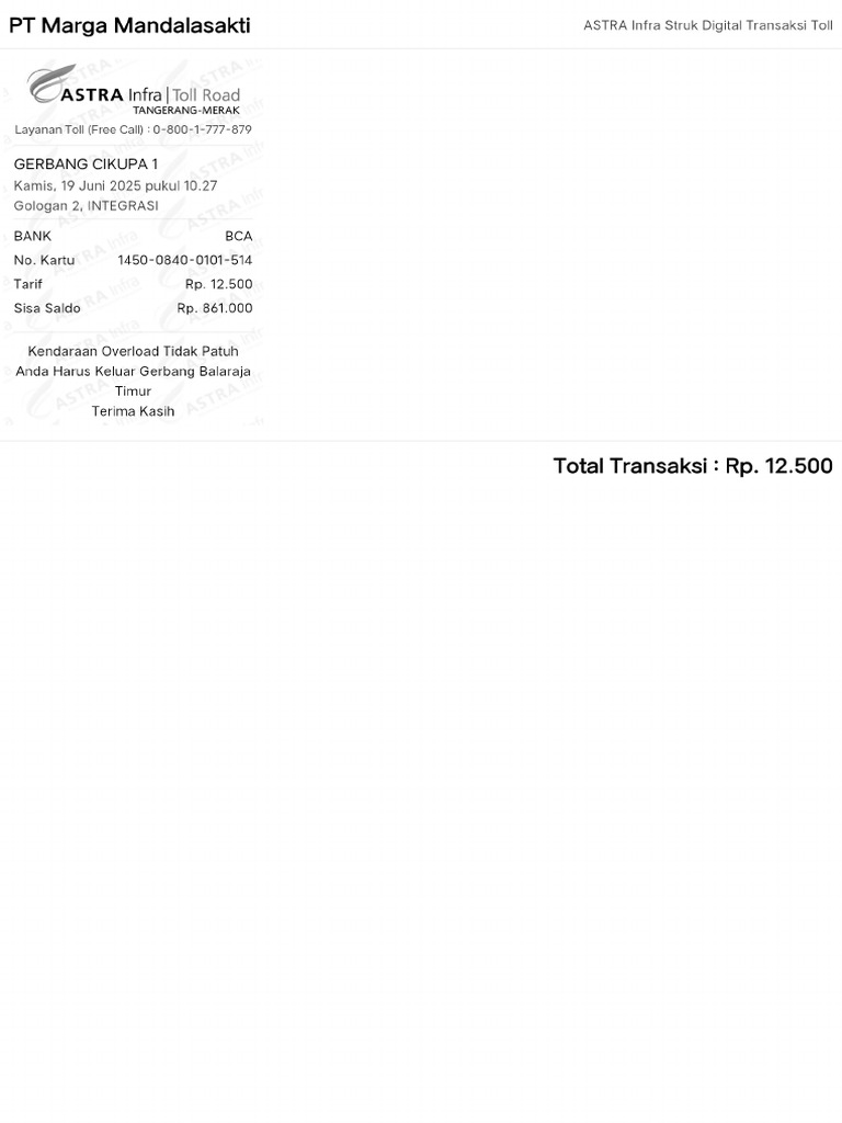 ASTRA Infra Struk Digital Transaksi Toll - 2025619141744 | PDF
