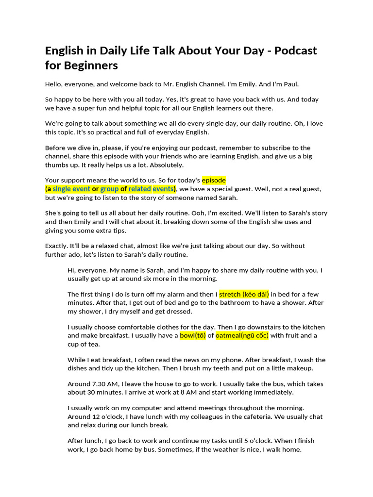 English in Daily Life Talk About Your Day - Podcast For Beginners | PDF ...