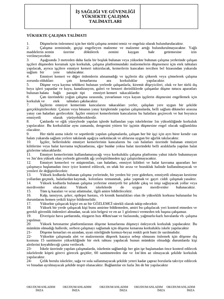 Yüksekte Çalışma TALİMAT | PDF