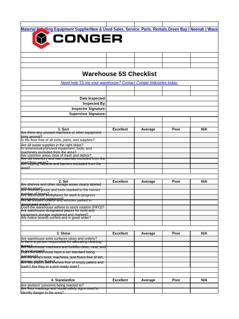 Warehouse 5S Checklist Conger Industries | PDF | Warehouse | Forklift
