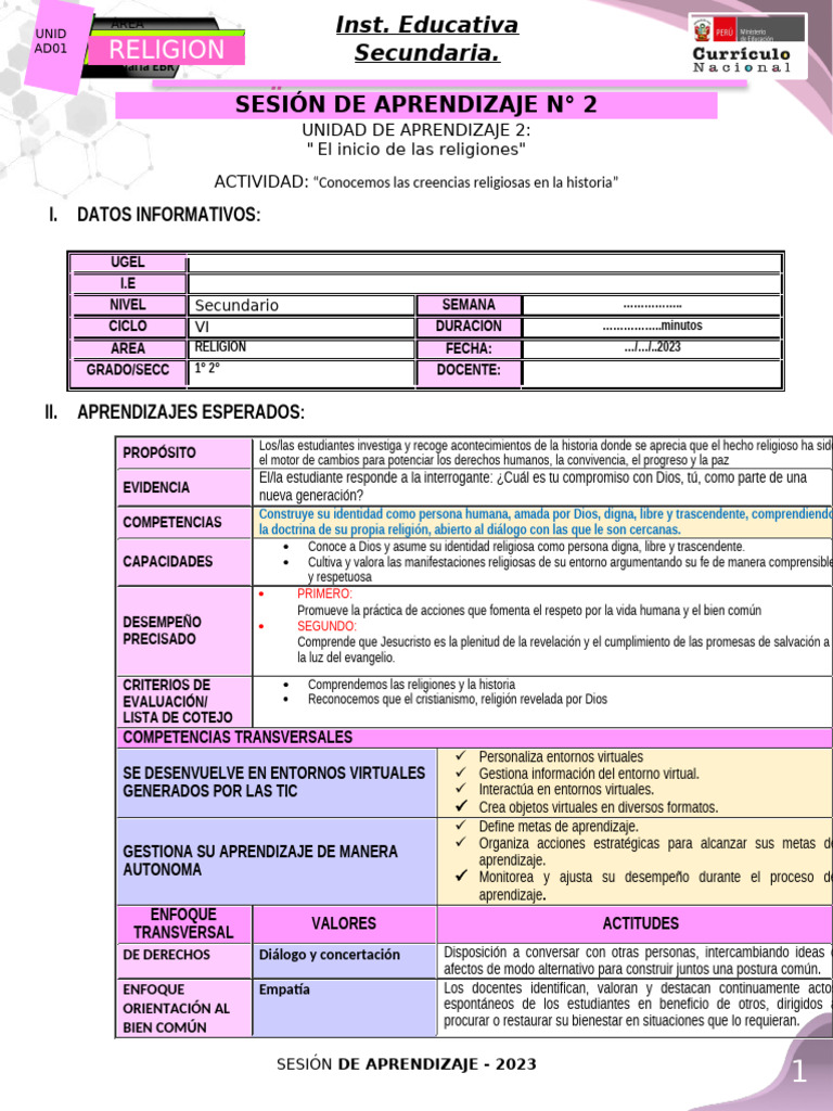 SESION RELIGION 1°2° SEC-SEMANA 02 UNI 2 "Conocemos Las Creencias Religiosas en La Historia ...